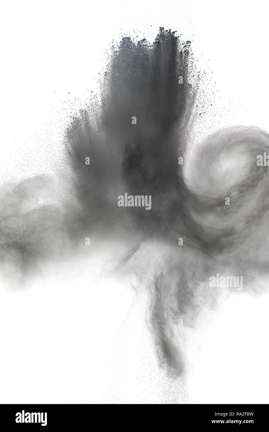 Black particles splatter on white background. Black powder dust ...