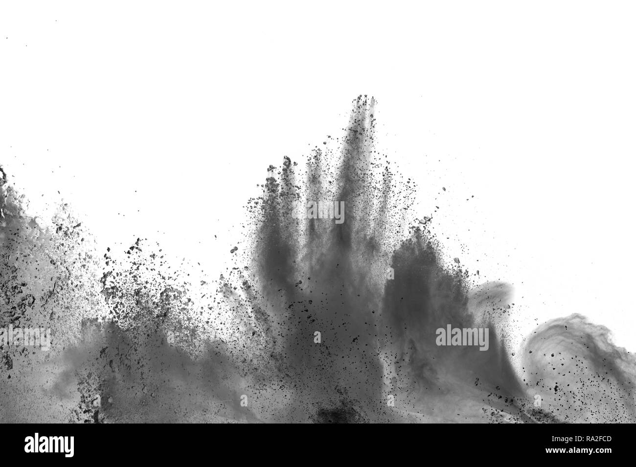 Black particles splatter on white background. Black powder dust ...