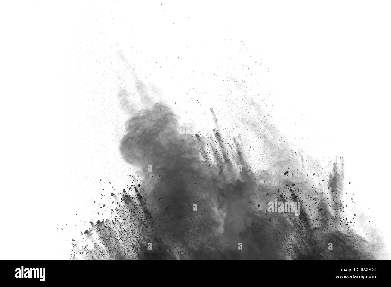 Black particles splatter on white background. Black powder dust ...