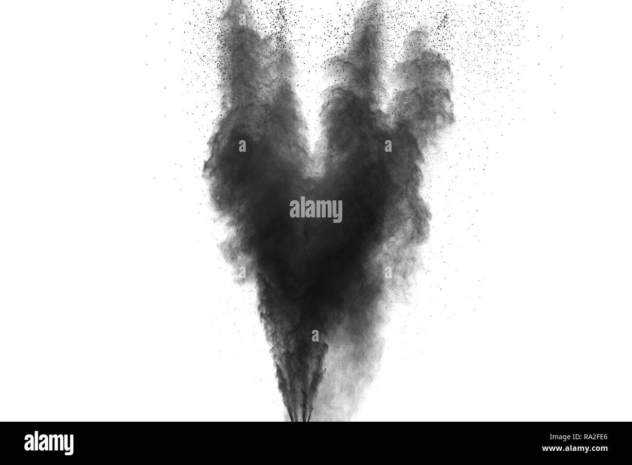 Black powder explosion on white background. Black dust particles splash ...