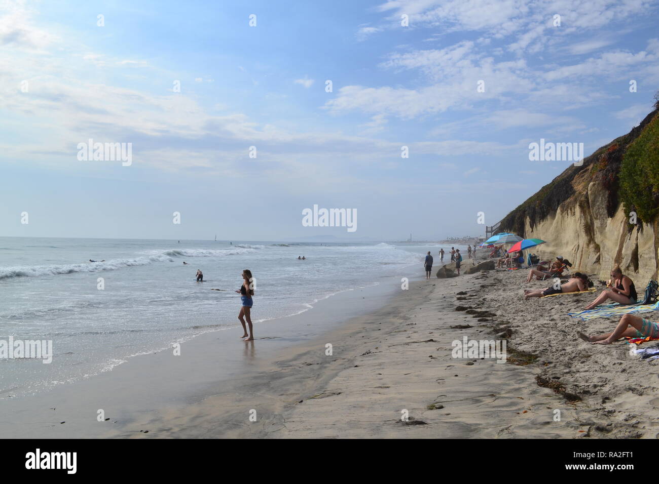 A narrow beach at Encinitas north of San Diego close to Highway 101 on ...