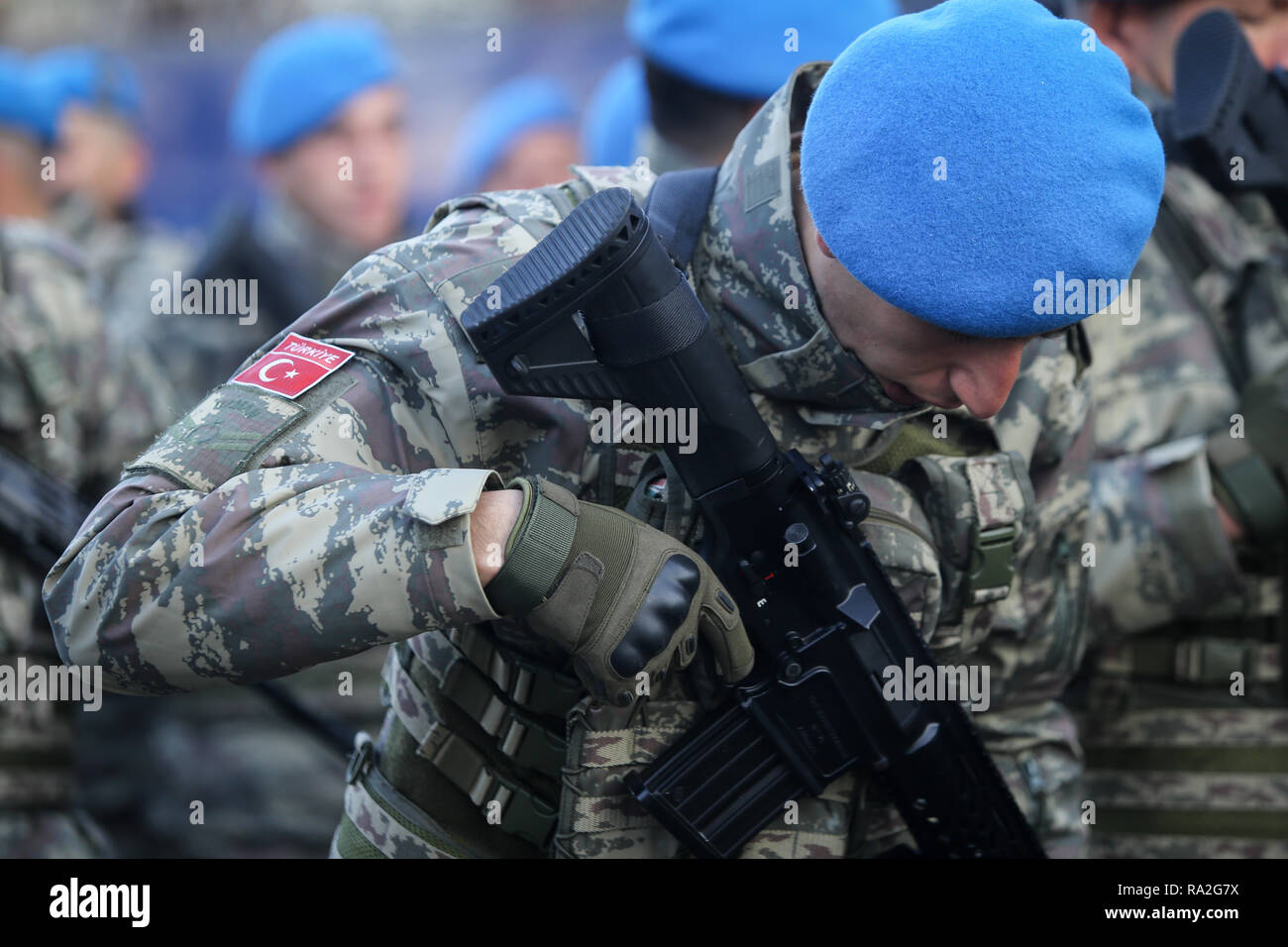 BUCHAREST, ROMANIA - December 1, 2018: Turkish soldiers, holding MPT 76 ...
