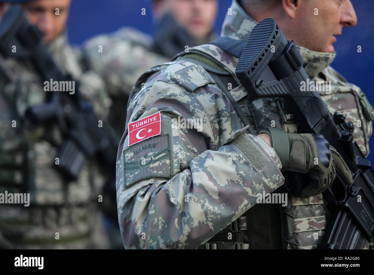 BUCHAREST, ROMANIA - December 1, 2018: Turkish soldiers, holding MPT 76 ...