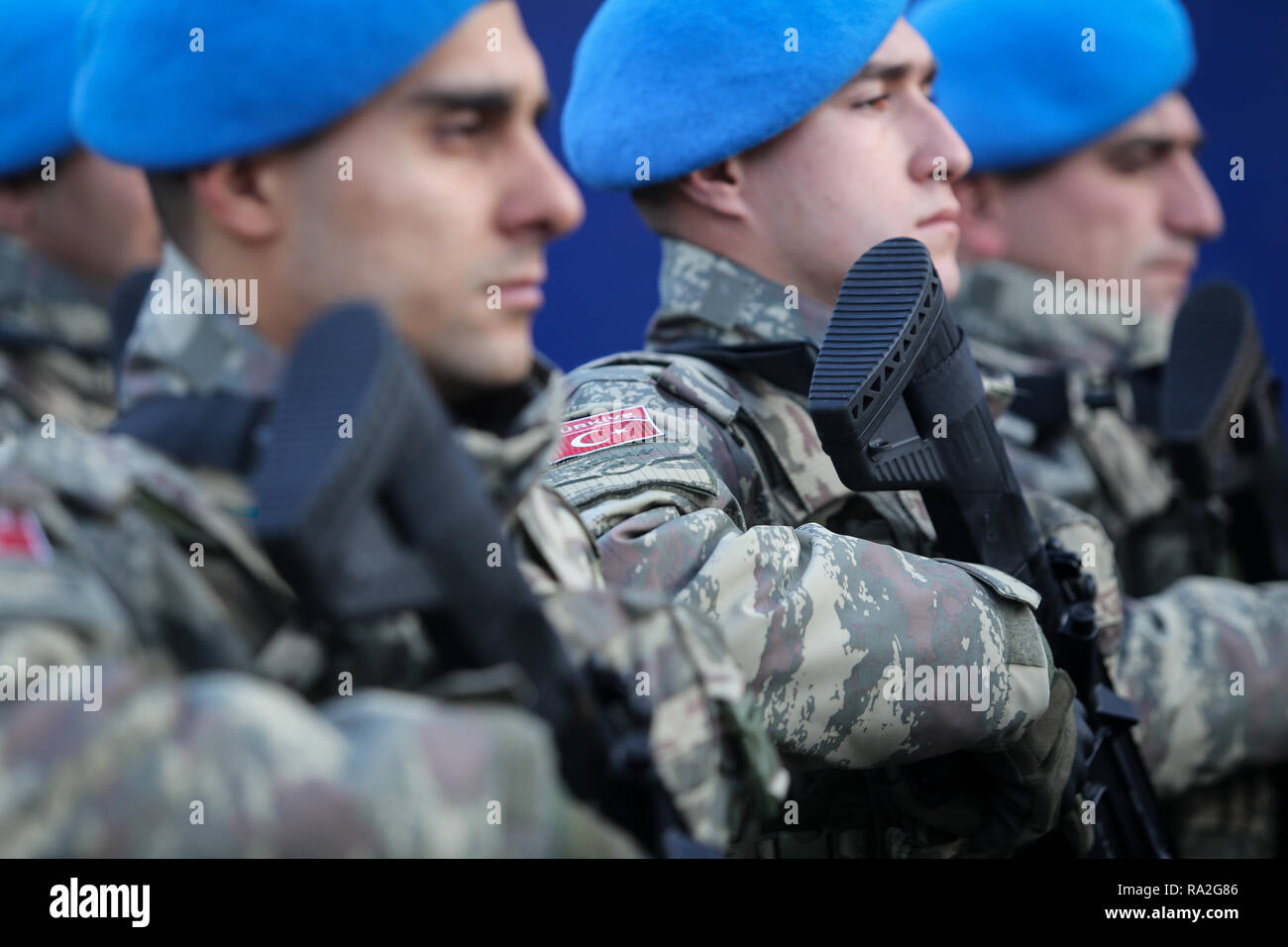 BUCHAREST, ROMANIA - December 1, 2018: Turkish soldiers, holding MPT 76 ...