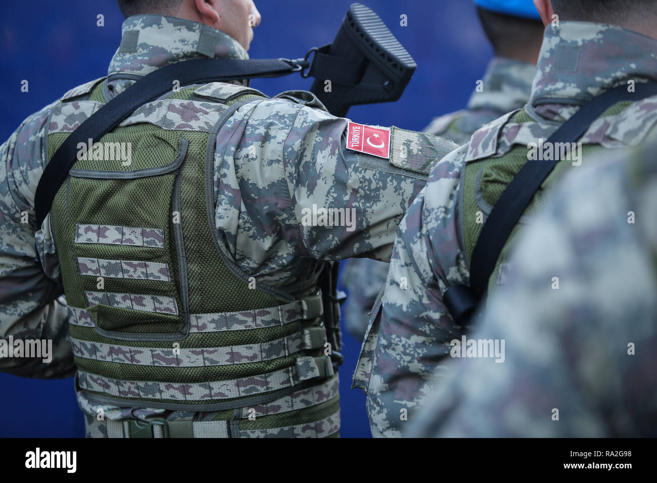 BUCHAREST, ROMANIA - December 1, 2018: Turkish soldiers, holding MPT 76 ...