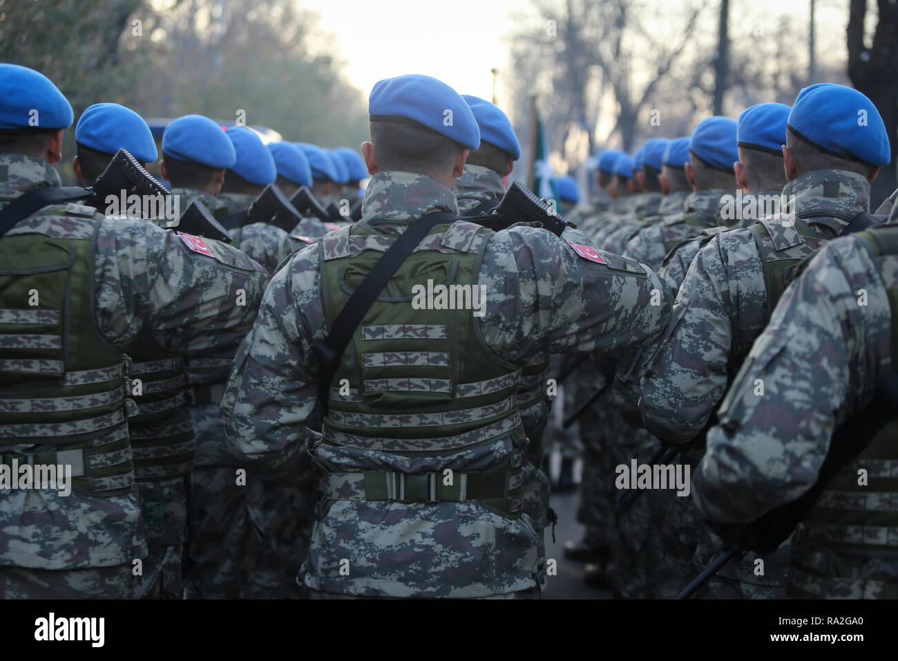 BUCHAREST, ROMANIA - December 1, 2018: Turkish soldiers, holding MPT 76 ...