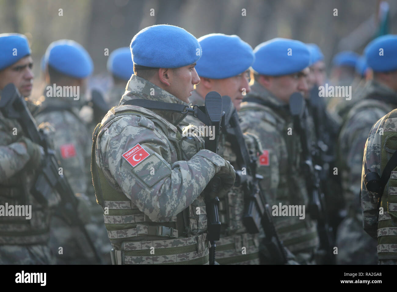 BUCHAREST, ROMANIA - December 1, 2018: Turkish soldiers, holding MPT 76 ...