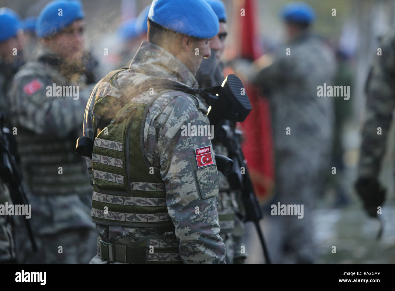 BUCHAREST, ROMANIA - December 1, 2018: Turkish soldiers, holding MPT 76 ...