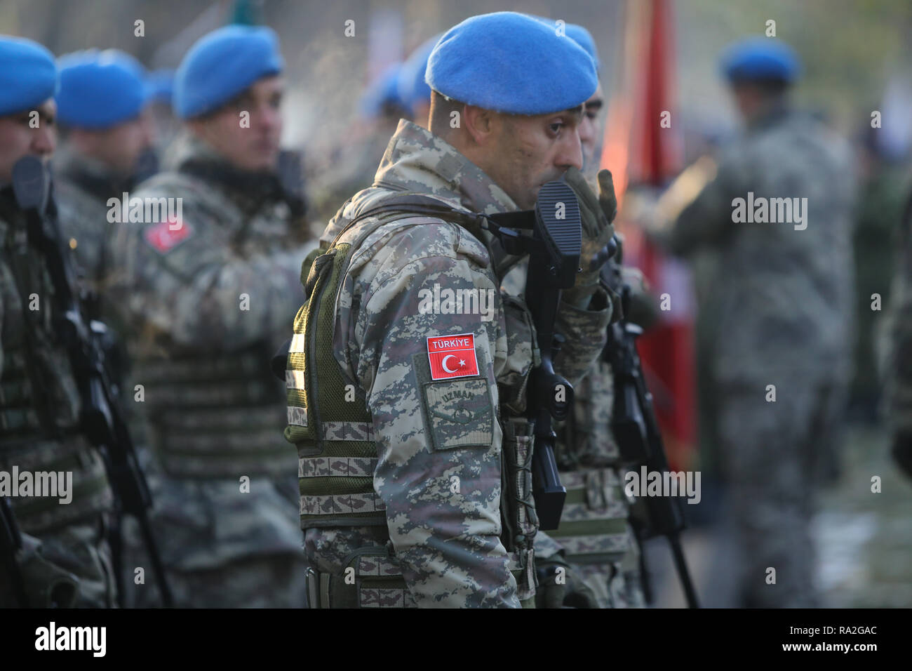 BUCHAREST, ROMANIA - December 1, 2018: Turkish soldiers, holding MPT 76 ...