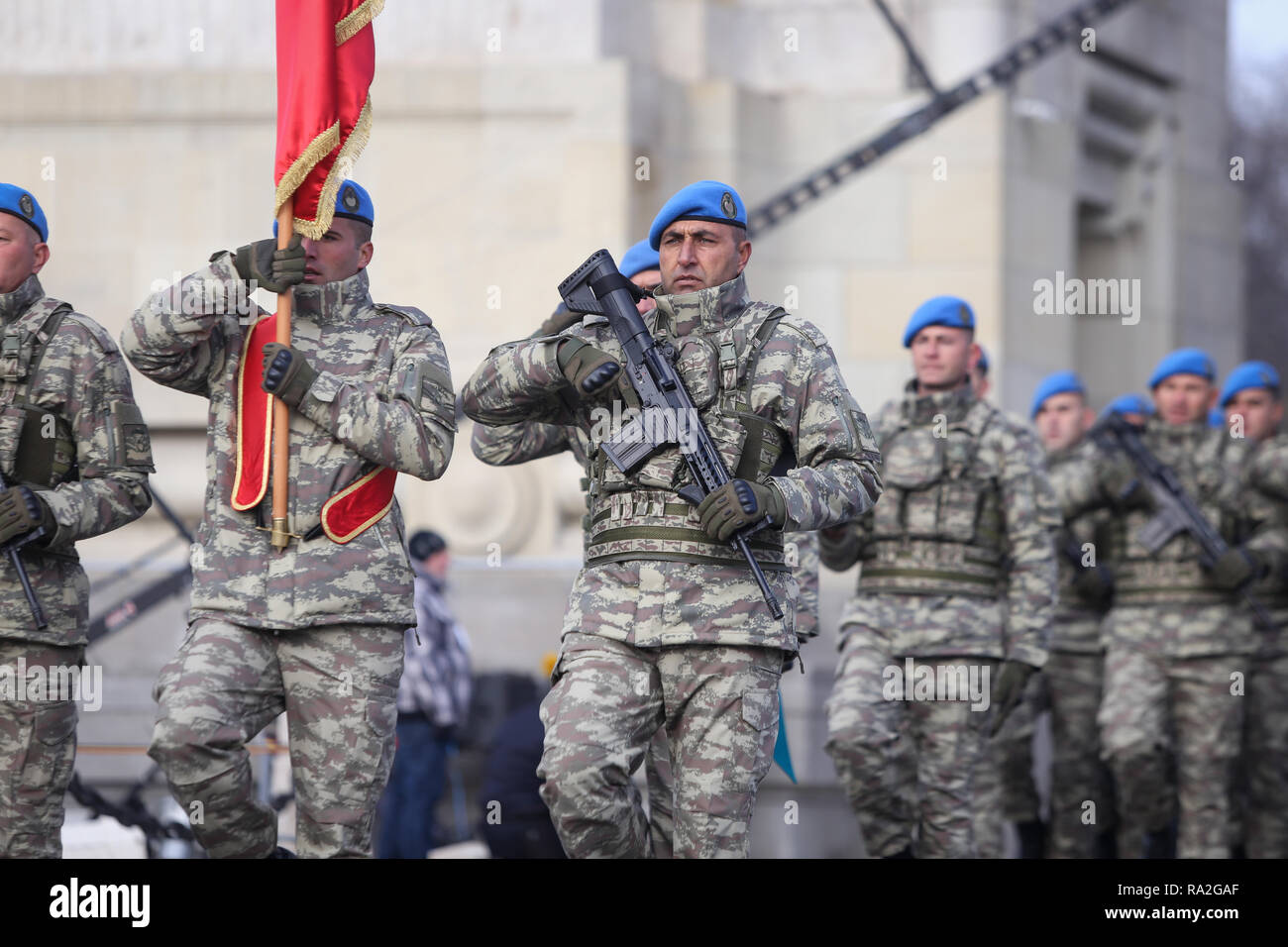 BUCHAREST, ROMANIA - December 1, 2018: Turkish soldiers, holding MPT 76 ...