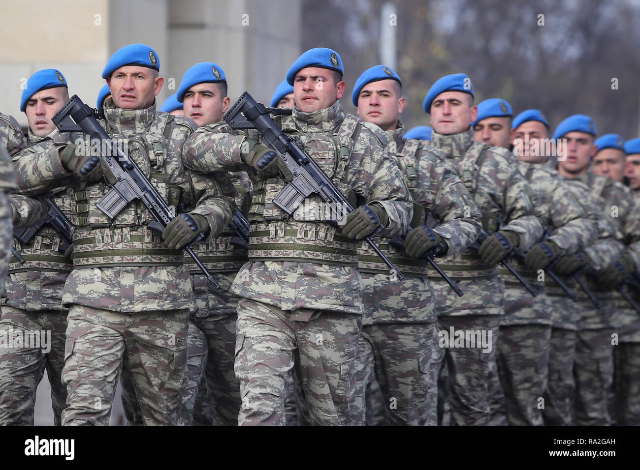 BUCHAREST, ROMANIA - December 1, 2018: Turkish soldiers, holding MPT 76 ...
