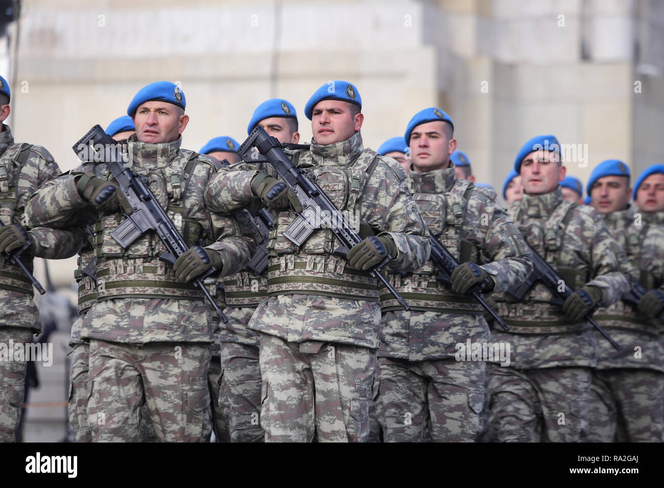 BUCHAREST, ROMANIA - December 1, 2018: Turkish soldiers, holding MPT 76 ...