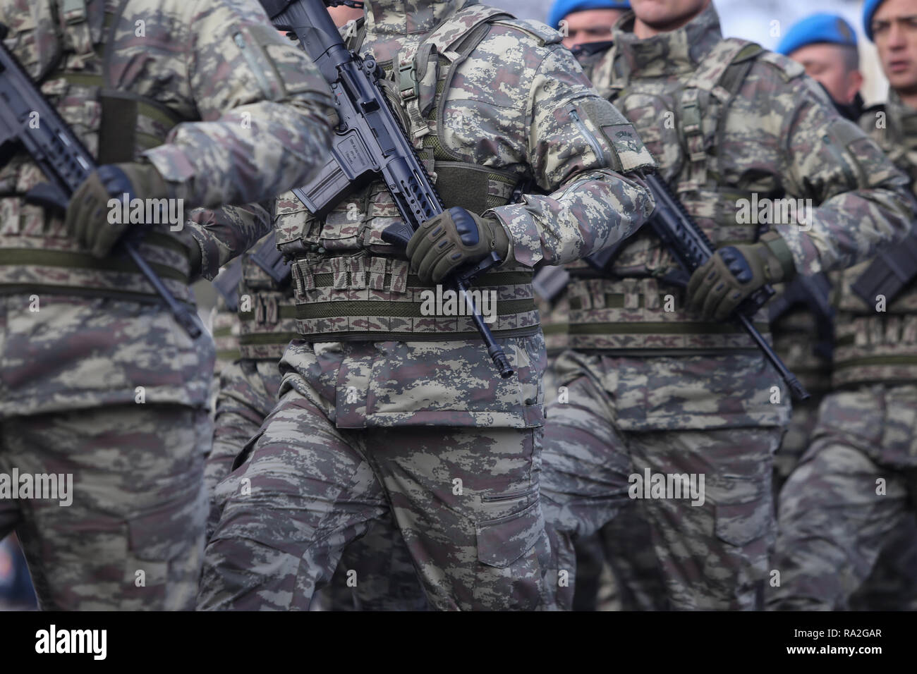 BUCHAREST, ROMANIA - December 1, 2018: Turkish soldiers, holding MPT 76 ...