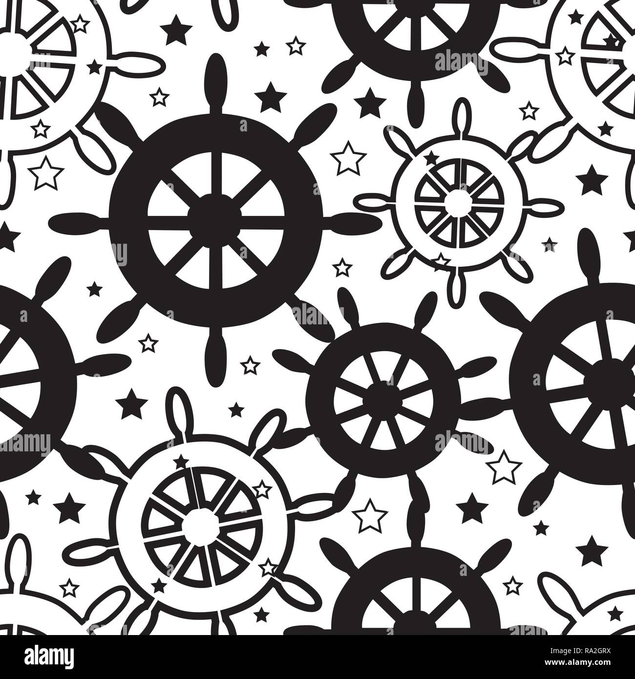 Vector repeat seamless pattern with black and white wheels, stars and ...