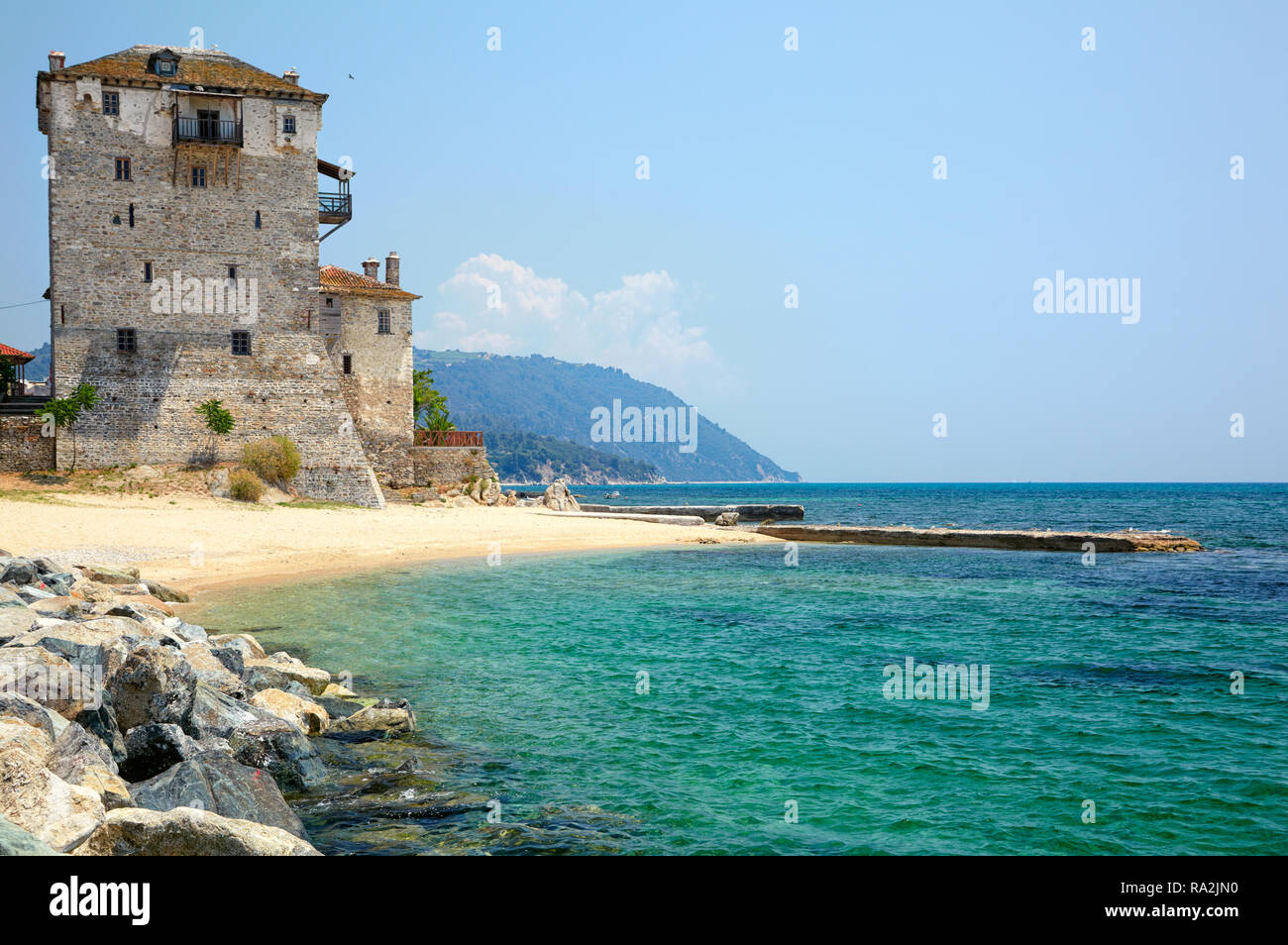 Ouranoupolis Tower on Athos peninsula in Chalkidiki, Greece Stock Photo ...