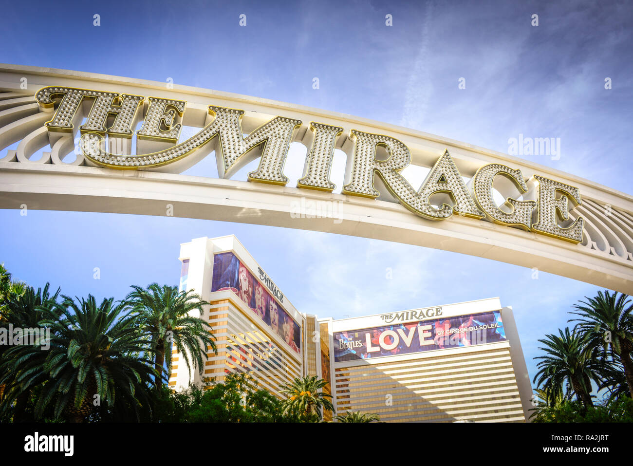 A close up of the the arched signage for The Mirage Hotel and Casino at ...