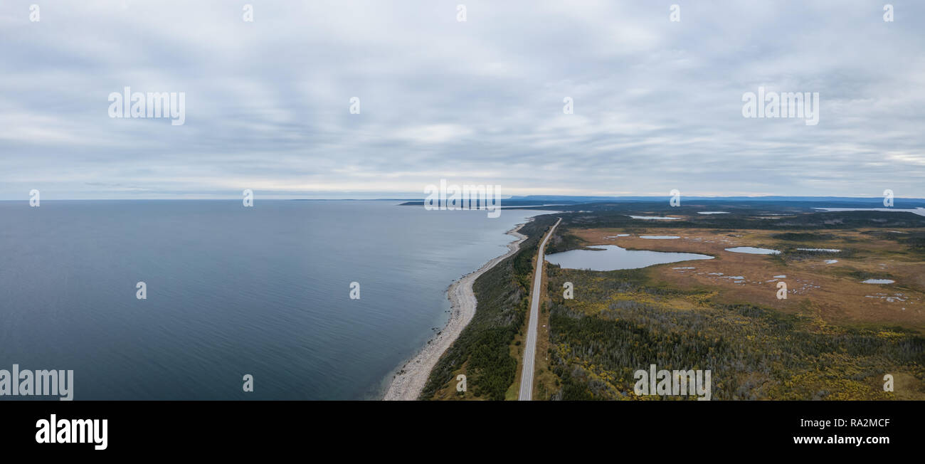 Aerial panoramic view of a scenic road near the Atlantic Ocean Coast ...