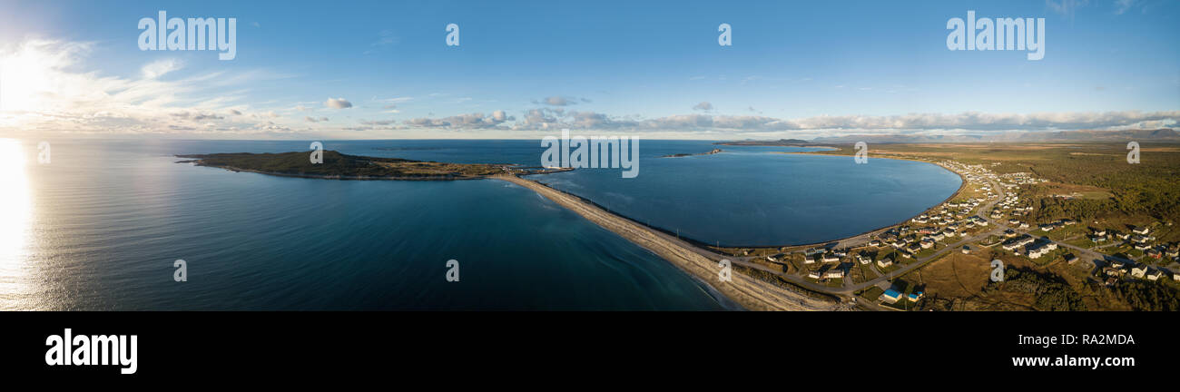 Aerial panoramic view of a small town on the Atlantic Ocean Coast ...