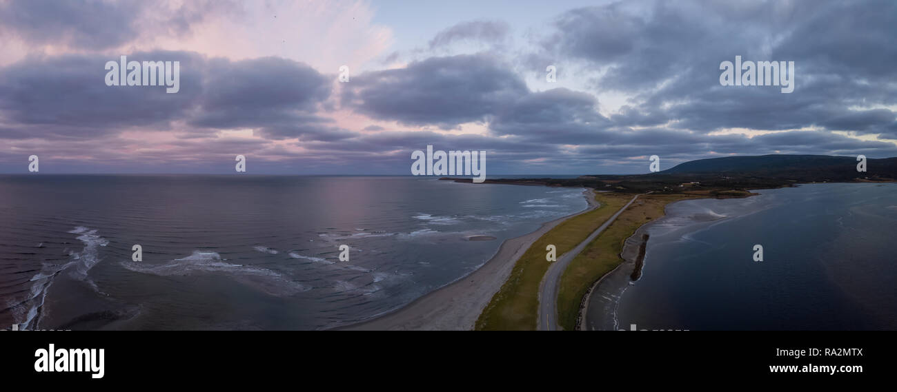 Aerial panoramic view of a beach on the Atlantic Ocean Coast during a ...