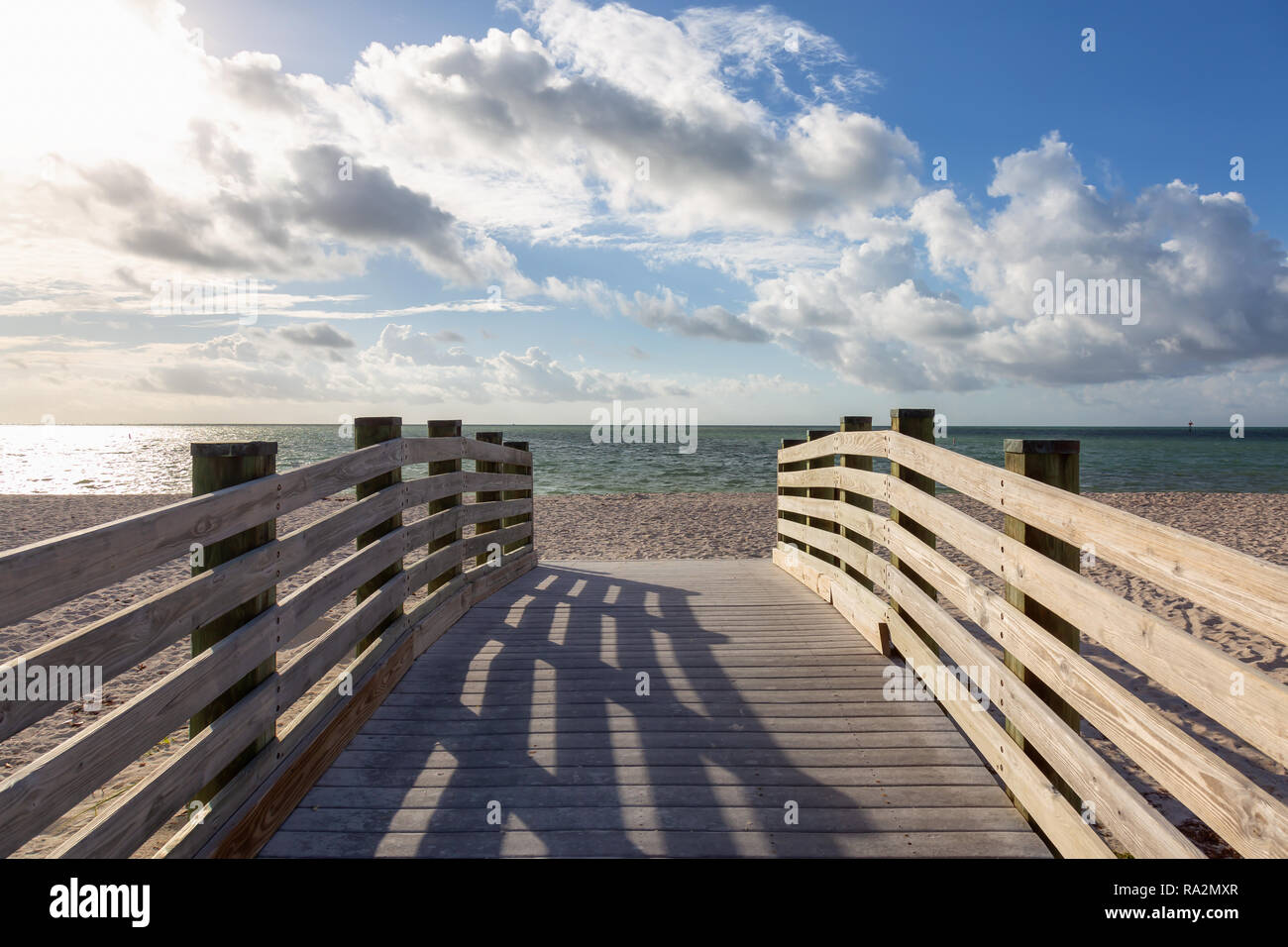 Wooden platform on a sandy beach during a vibrant sunny day. Taken in ...