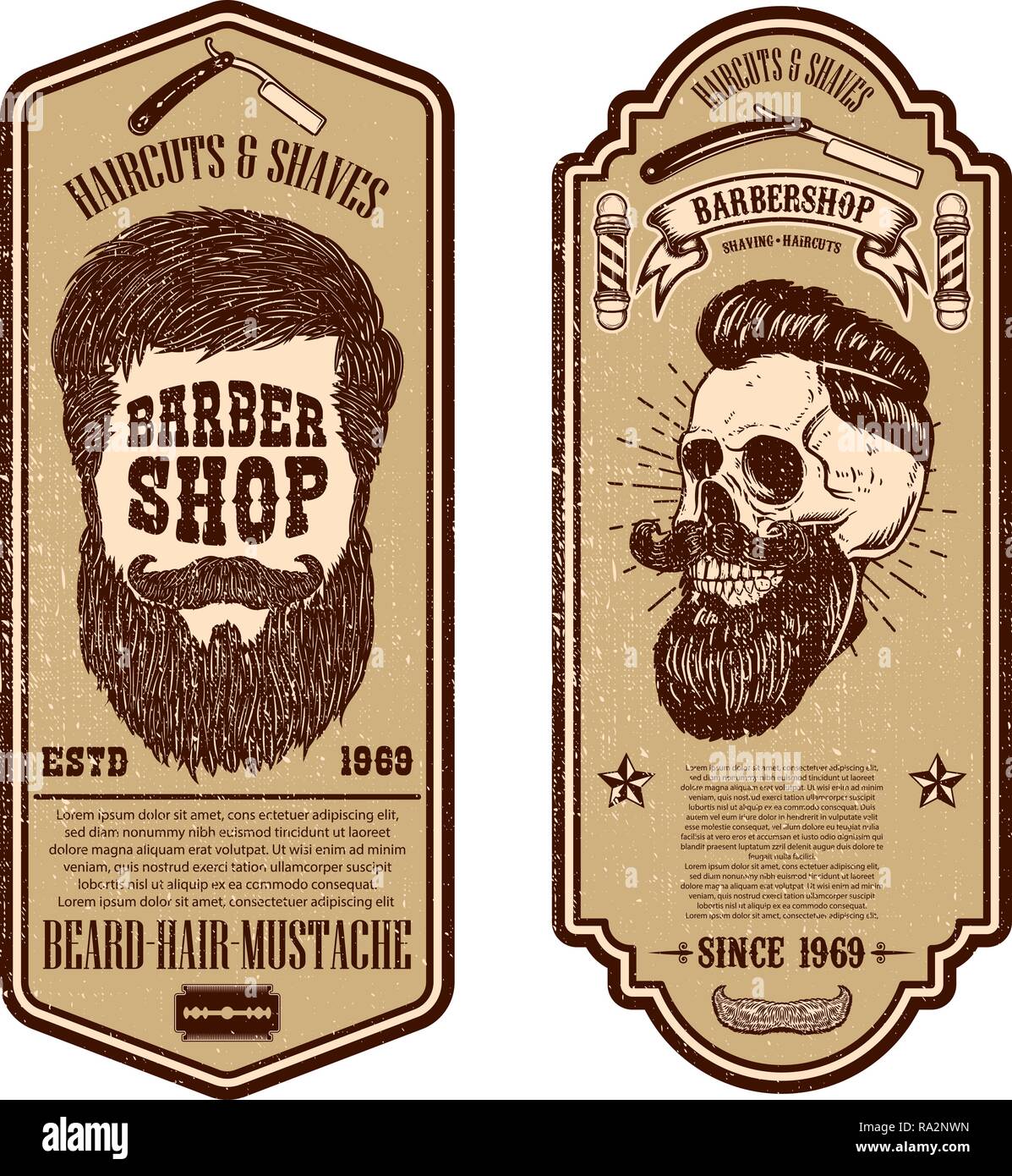 Barber shop flyer template. Barber's skull and tools on grunge ...
