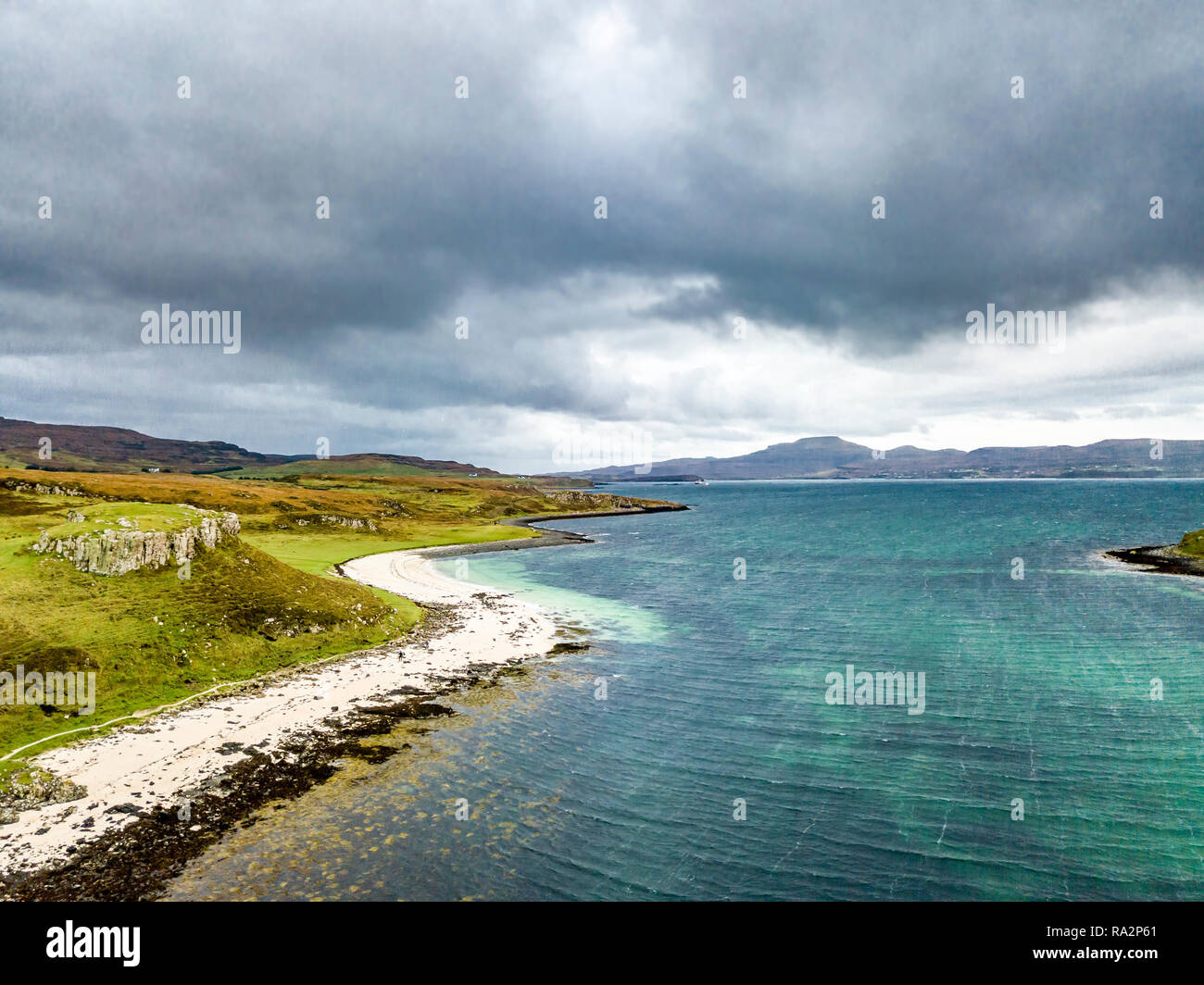 Aerial of the Clagain Coral Beach on the Isle of Skye - Scotland Stock ...
