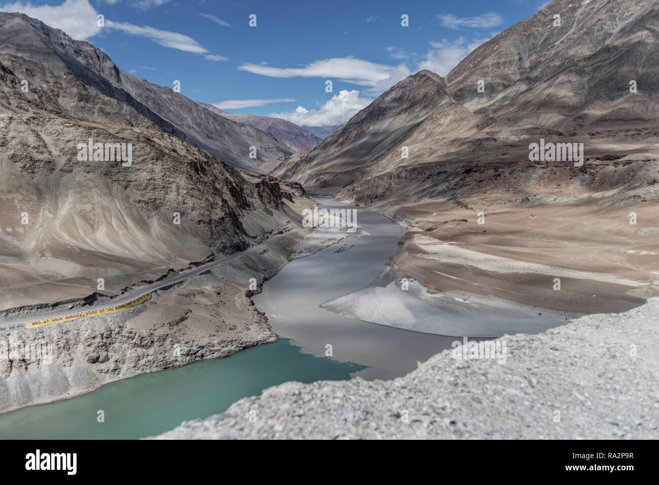 Confluence of Zanskar and Indus rivers from the national highway 1D ...