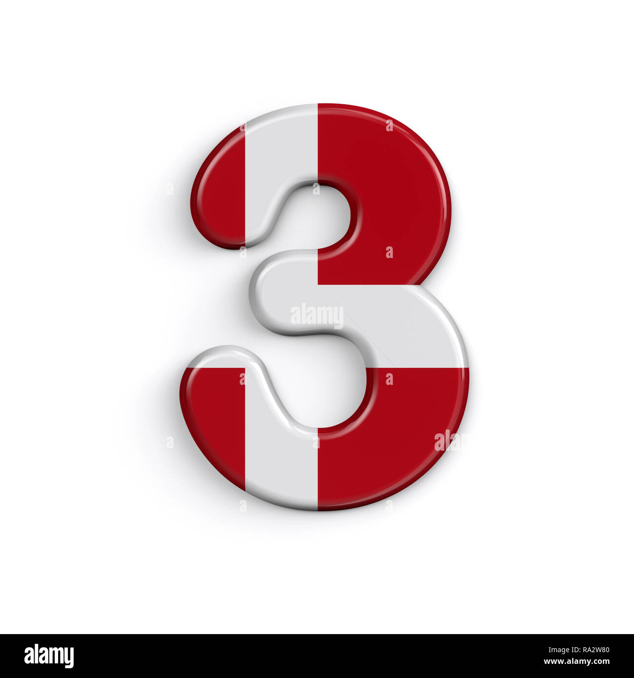 Denmark number 3 - 3d Danish flag digit isolated on white background ...