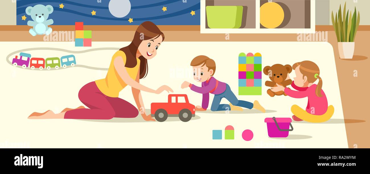 Mother And Children Playing With toys in the playroom. Children's ...