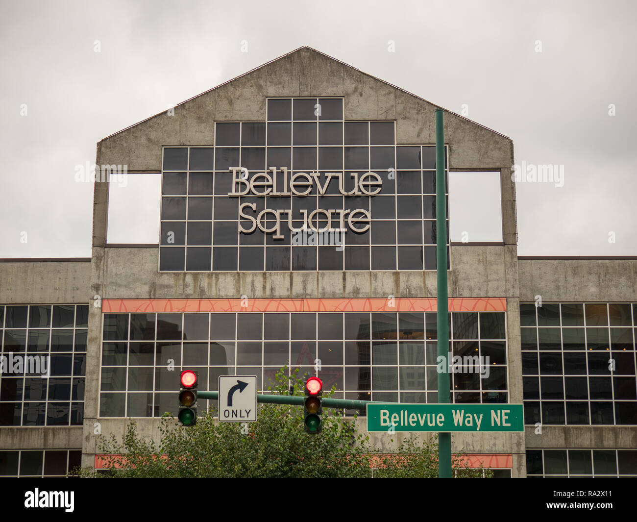 Bellevue Square shopping center sign above entrance to shopping plaza ...