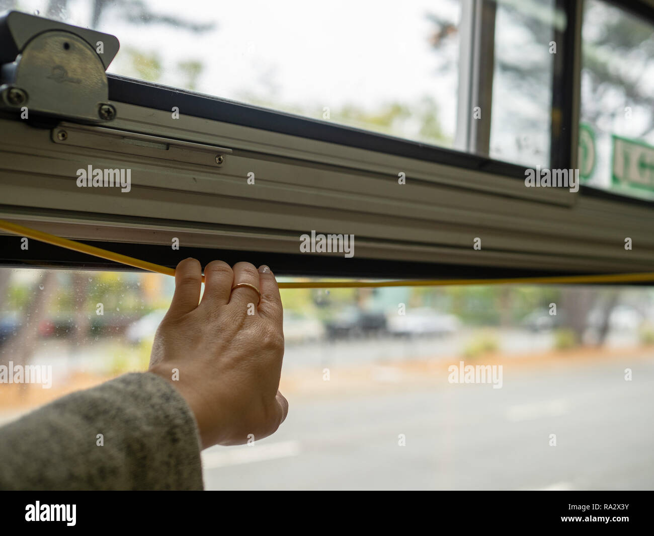 Womans hand pulling a yellow bus pull cord with city in back Stock ...