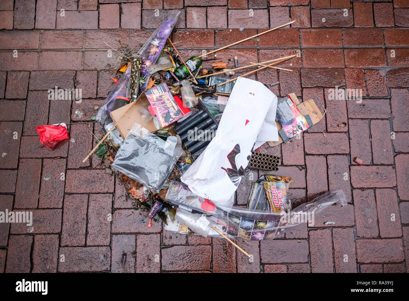 Hanover, Germany. 1st Jan 2019. Burned down fireworks and other remains ...