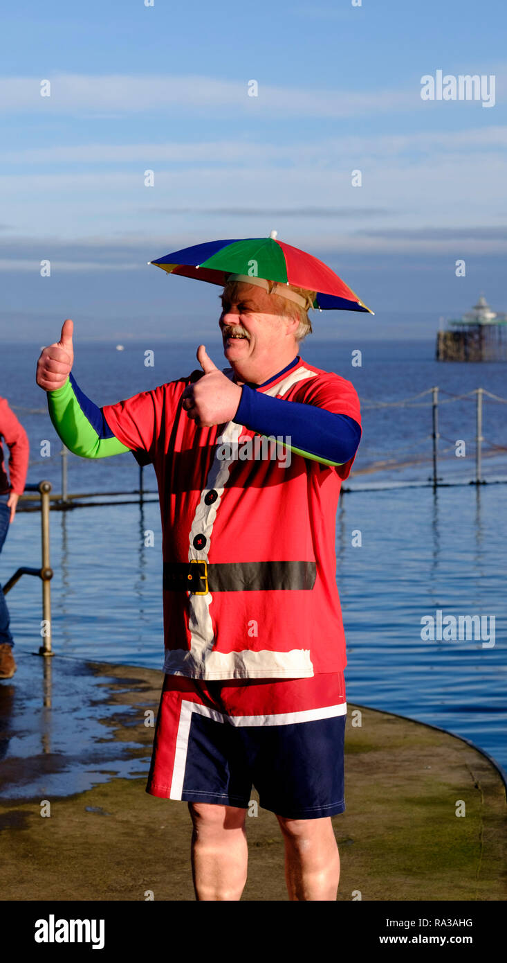 Clevedon, Somerset, UK. 1st Jan 2019. A bracing dip in the Marine Lake ...