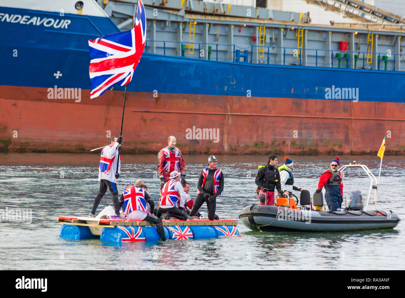 Poole, Dorset, UK. 1st Jan, 2019. The New Years Day Bath Tub Race takes ...
