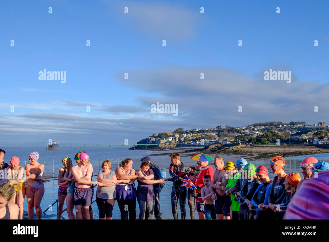 Clevedon, Somerset, UK. 1st Jan 2019. A bracing dip in the Marine Lake ...