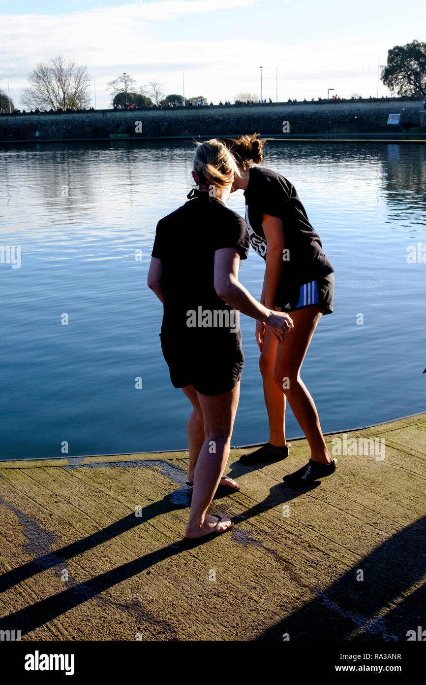 Clevedon, Somerset, UK. 1st Jan 2019. A bracing dip in the Marine Lake ...