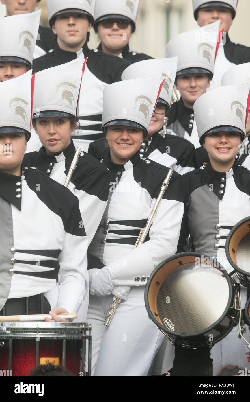 London, UK. 1st Jan, 2019. The Pride of Bixby High School Marching band ...