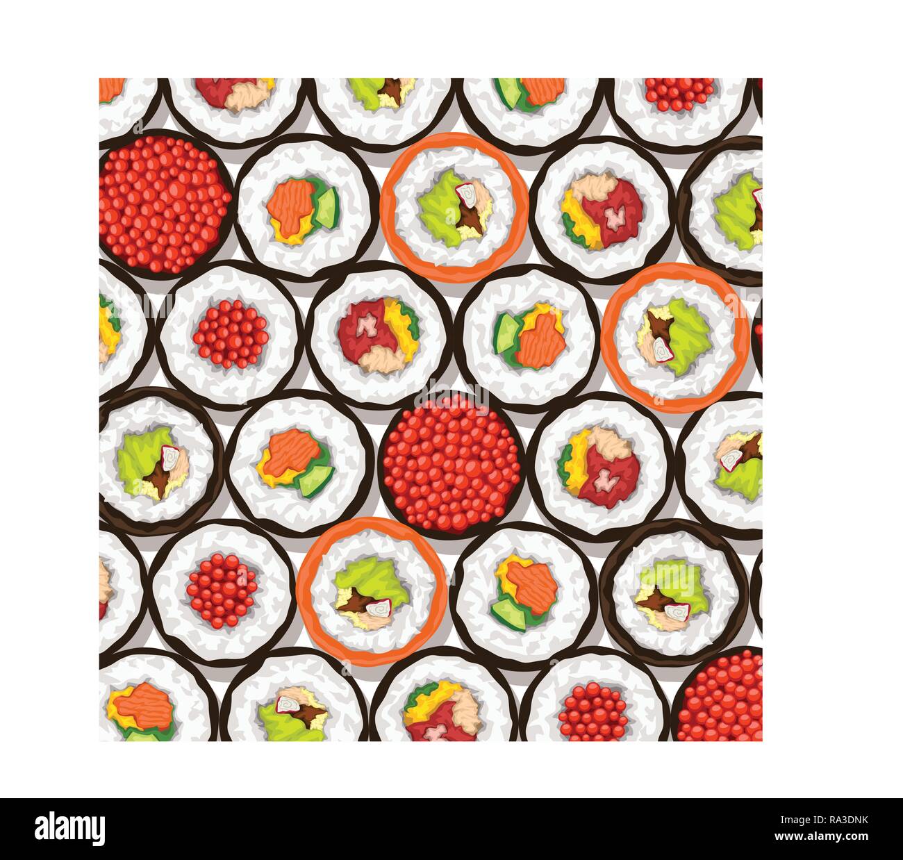 illustration of sushi rolls top view with shadow on white background ...