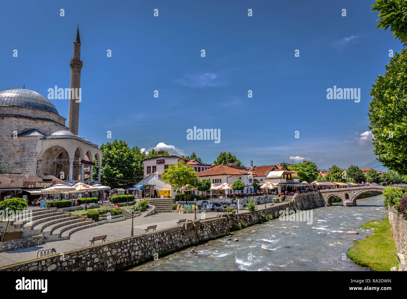 Prizren, Kosovo - May 30th 2018 - A wide river flowing in front of a ...