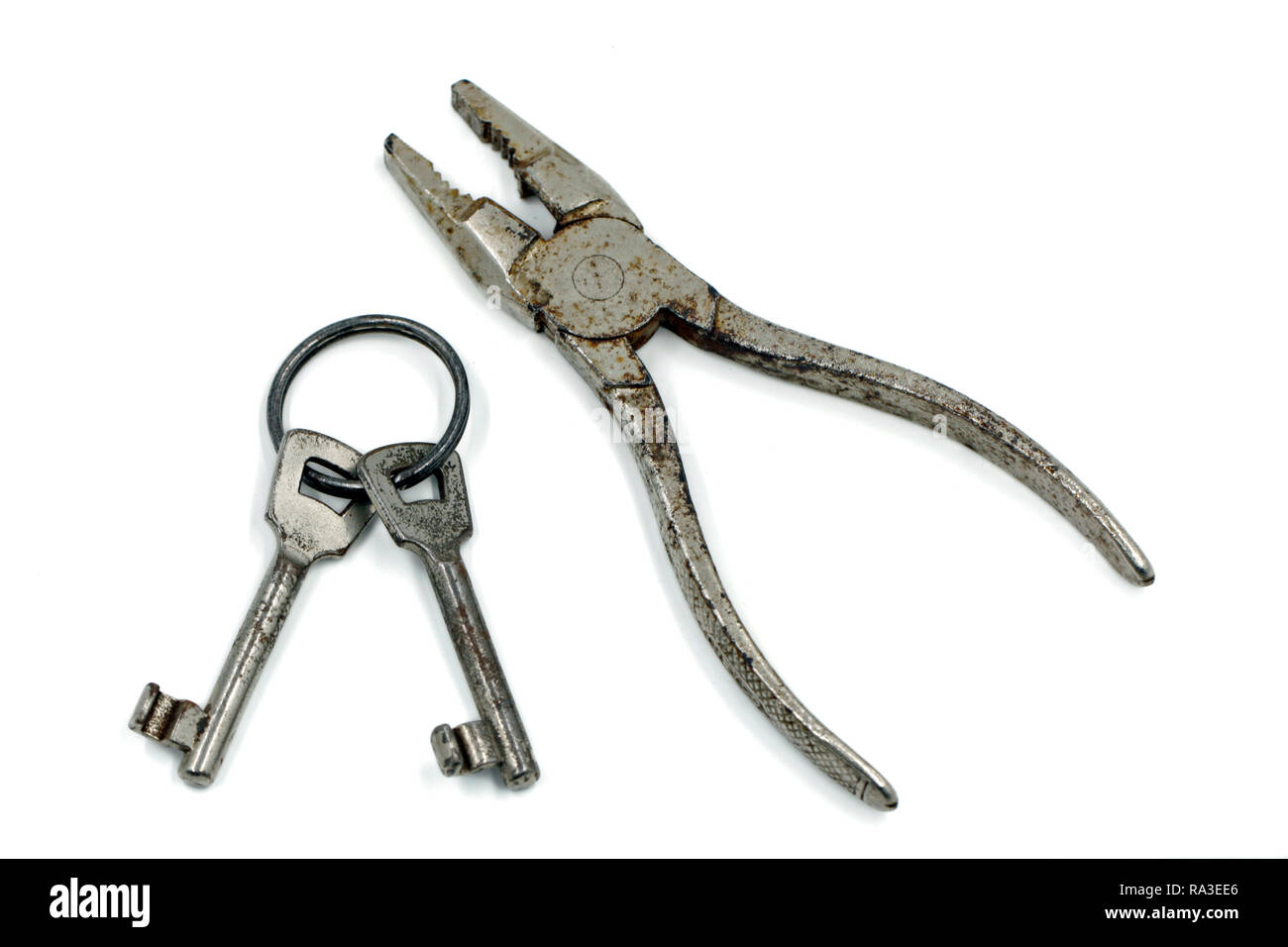 old key ring with pliers isolated on white background, top view Stock ...