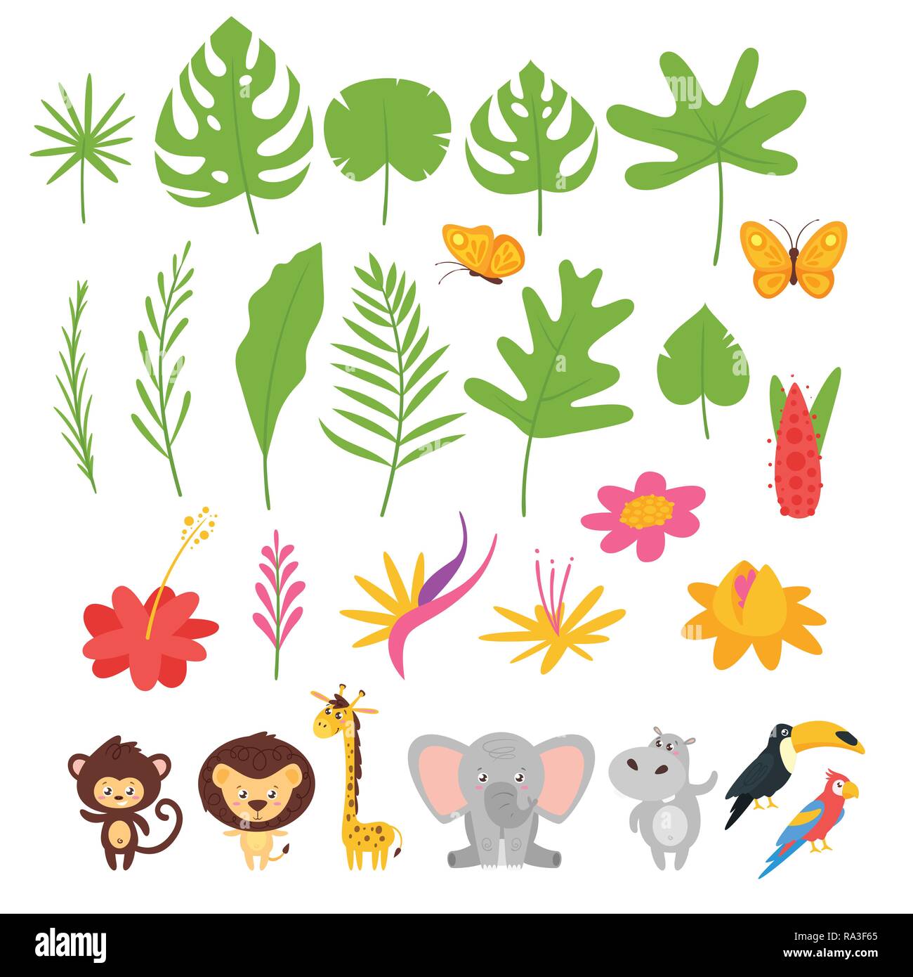 Jungle leaves, flowers and animals nursery set. Vector simple icons ...