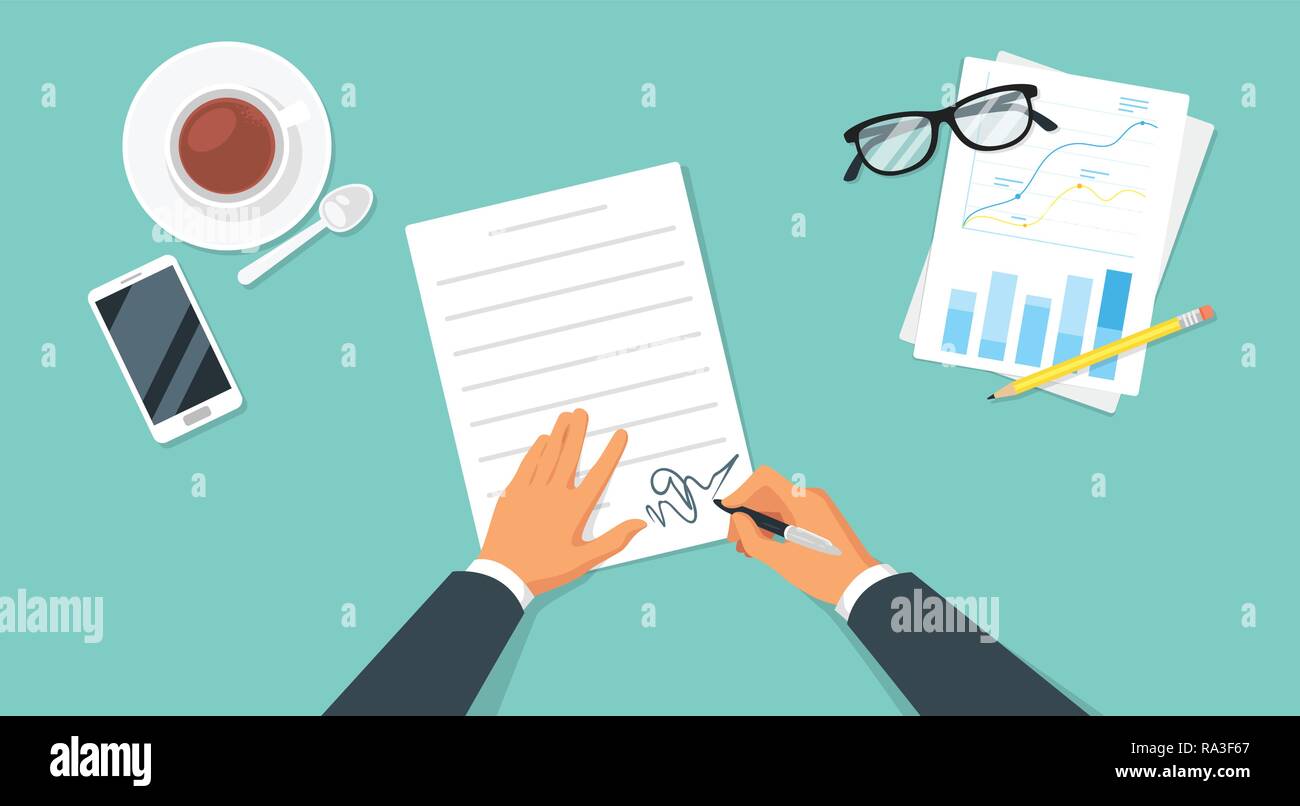 Modern workplace top view with hands and office items around ...