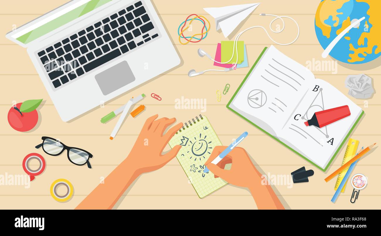 School workplace top view with hands and many items around. Educational ...