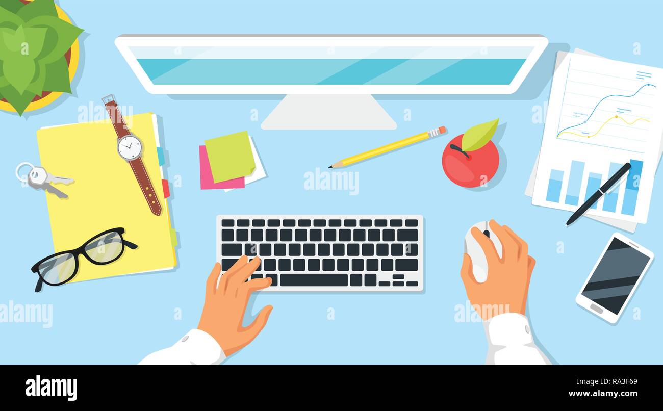 Modern workplace top view with hands and office items around. Office ...