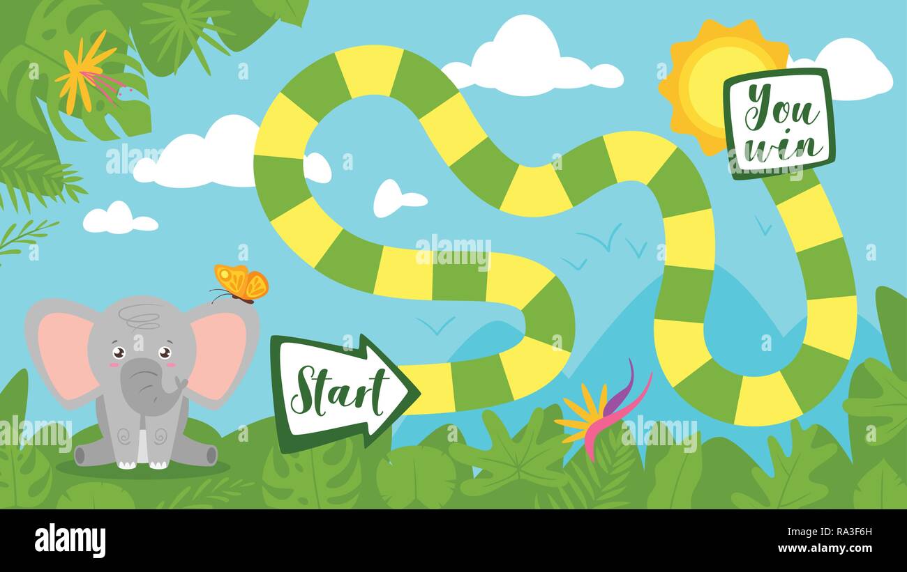 Vector cartoon style illustration of kids tropic jungle board game with ...