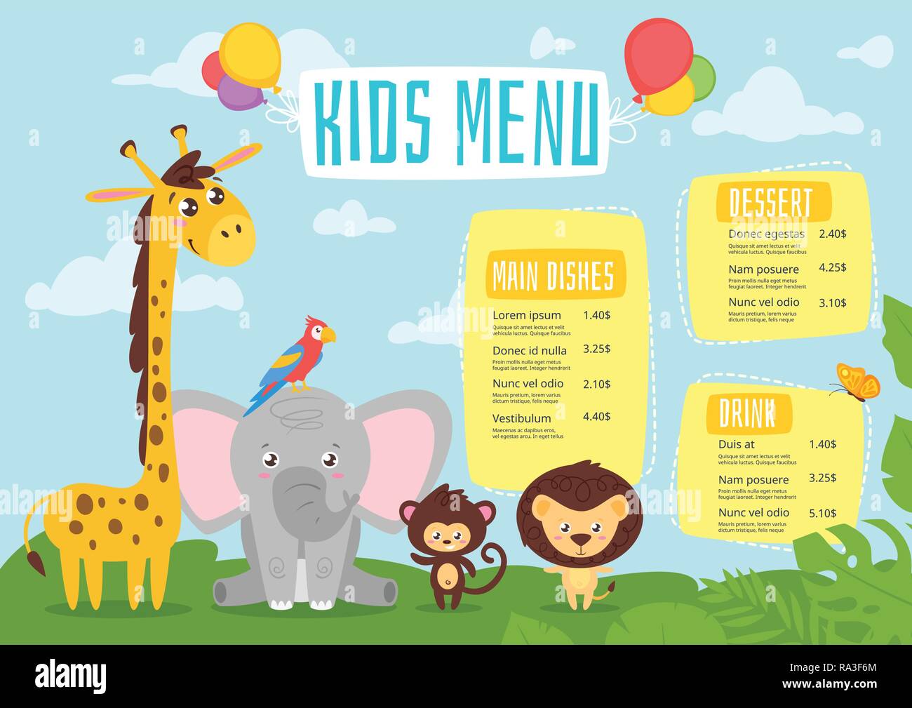 Kids food menu design template with cute jungle characters - giraffe ...