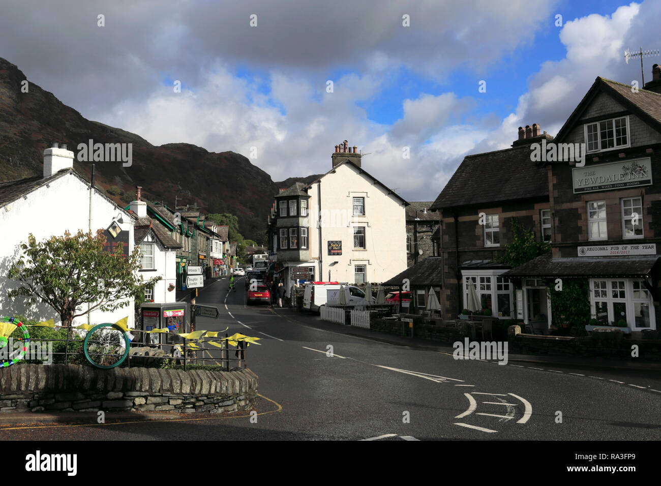 Street view of Coniston town, Cumbria, Lake District National Park ...