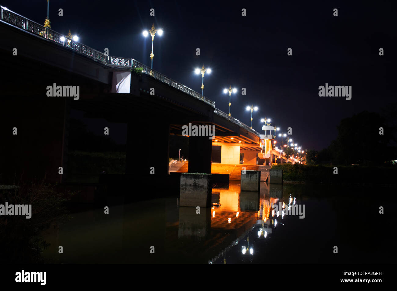 Landscape and colorful lighting and lamp at phaya mengrai bridge road ...