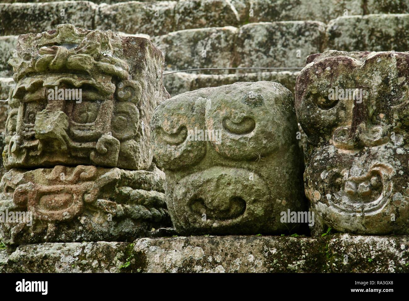 Three carved stone faces at Mayan temples in Honduras Stock Photo - Alamy