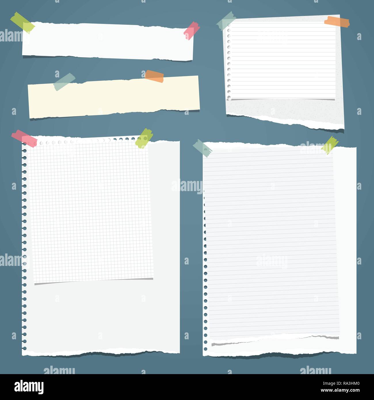 Set of white ripped notebook paper, torn note paper strips stuck with ...